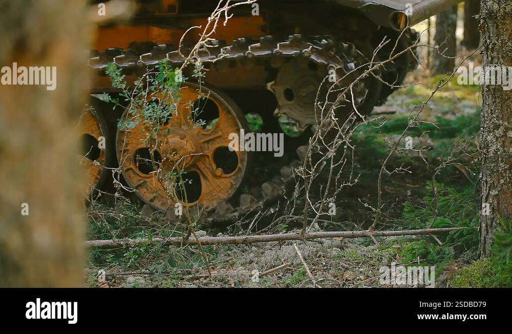 A lumber tractor rides on caterpillars in the forest closeup Stock ...