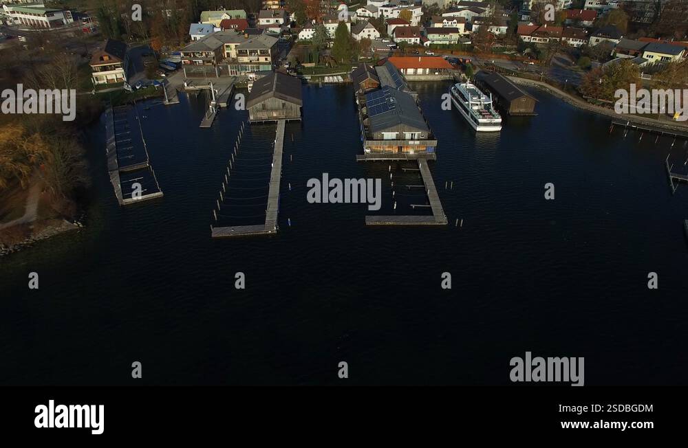 Aerial view of empty piers on lake Traunsee Stock Video Footage - Alamy