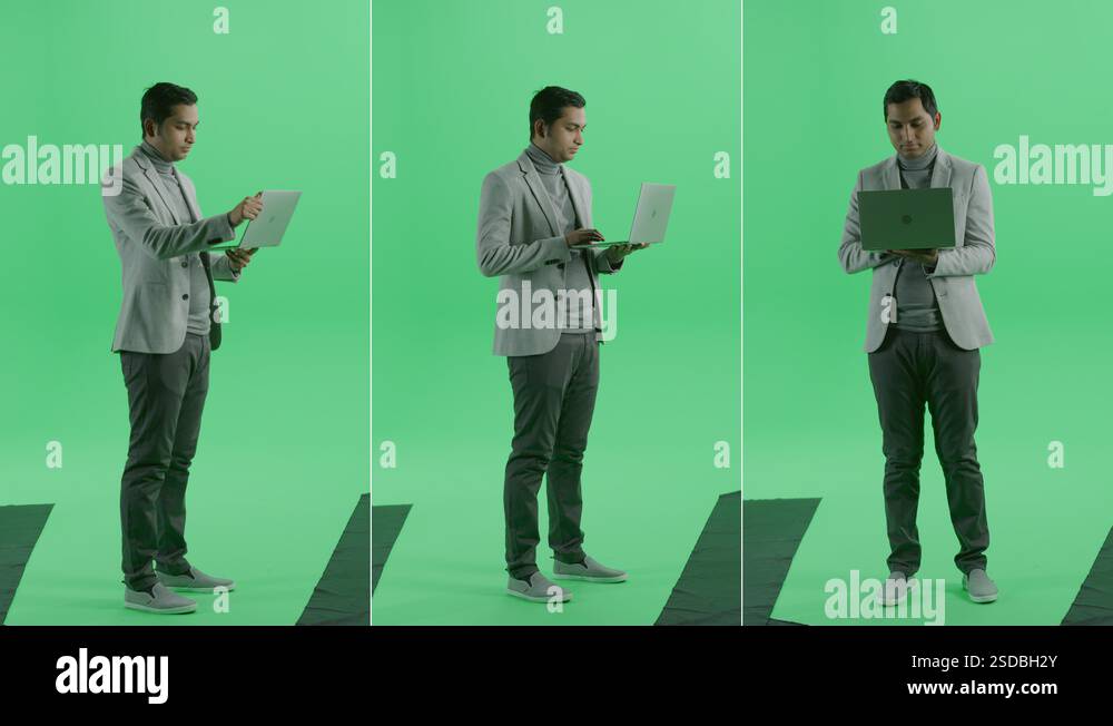 3-in-1 Split Green Screen Collage: Handsome Indian Businessman Using ...