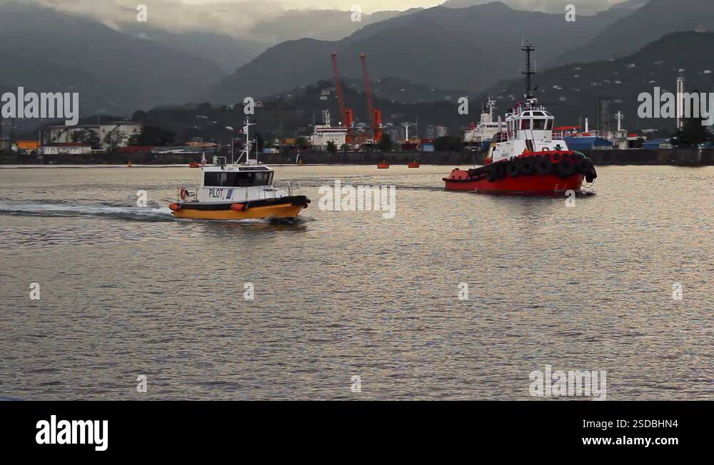 Pilot ship navigating in the harbour, arriving in the dock, as seaman ...