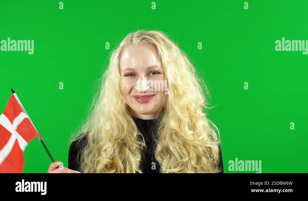 Young Girl waving Denmark hand Flag - Green Screen, Chroma Key - Danish ...