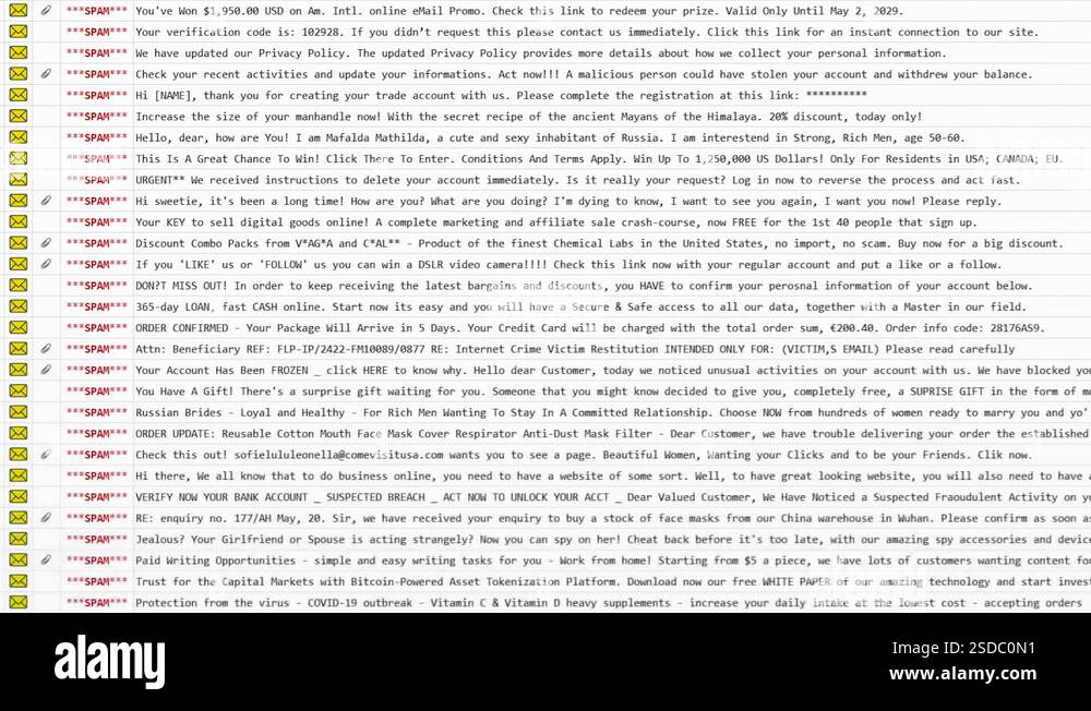An email inbox, full of spam mail (unsolicited dangerous messages ...