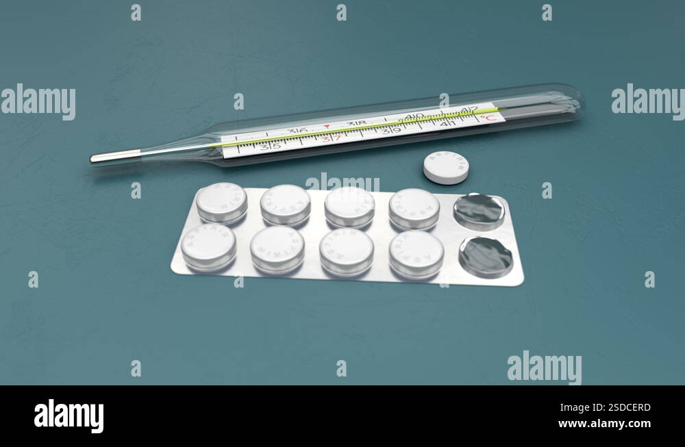 3d Animation With Opened Pills Blister Pack and the Glass Thermometer ...