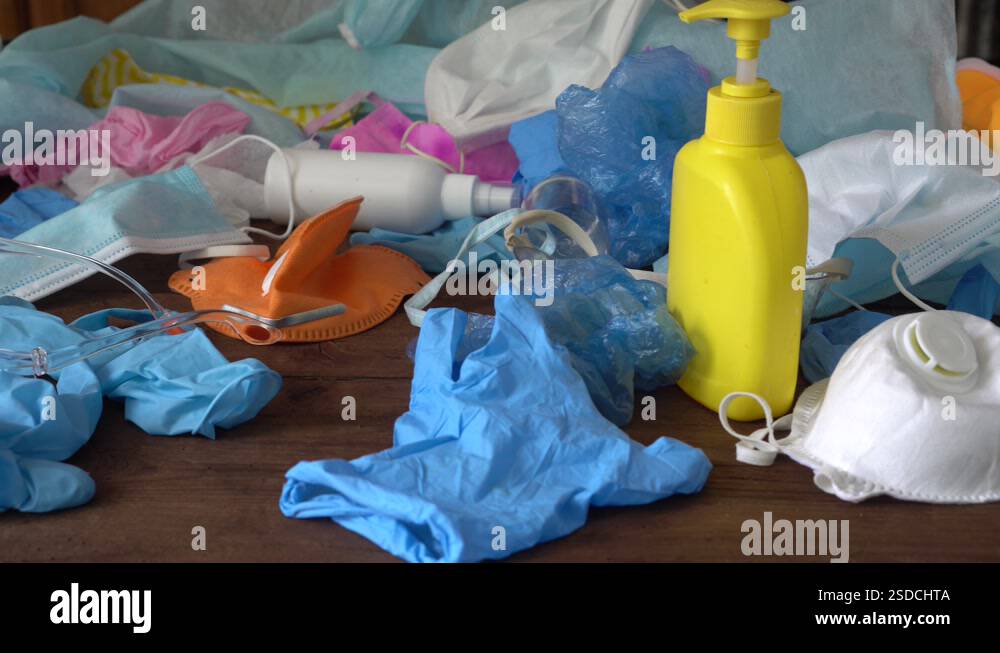 Used personal protective equipment (PPE) waste (gloves, single-use ...