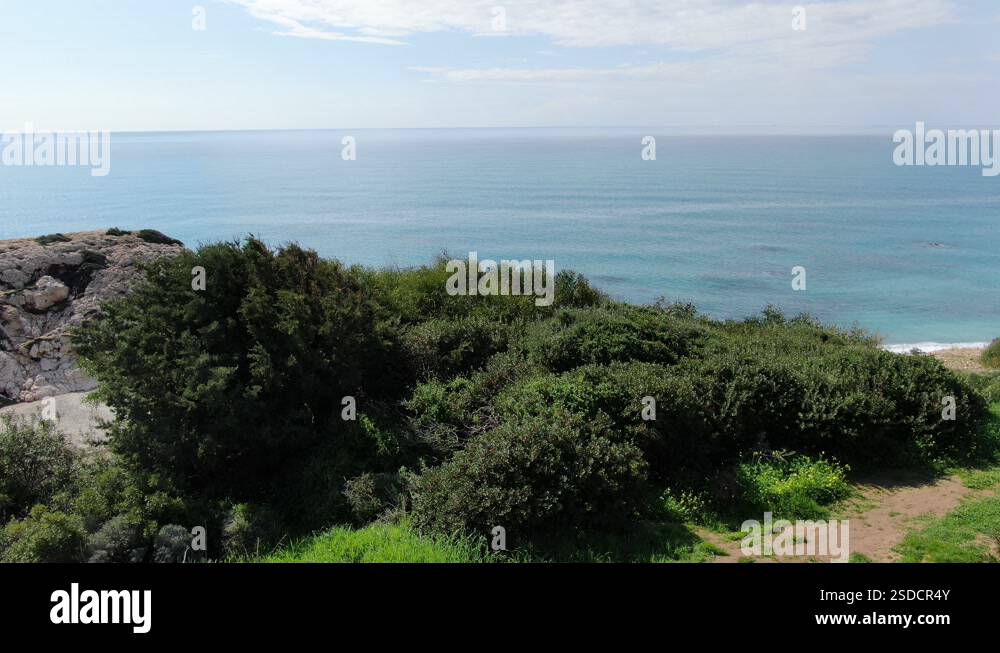 Camera moving up showing calm sea shore and lonely red car passing by ...