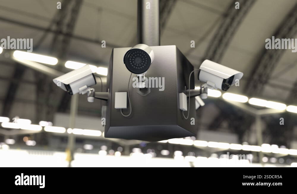 Surveillance system and security cameras scanning the public area, 3d ...