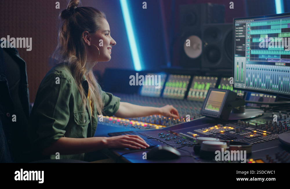 Stylish, Beautiful Female Audio Engineer Working in Music Recording ...