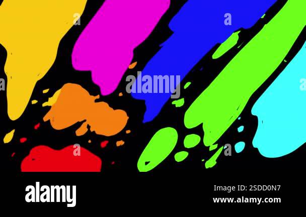 Drops of paint spread across the black screen. Cartoon video transition ...