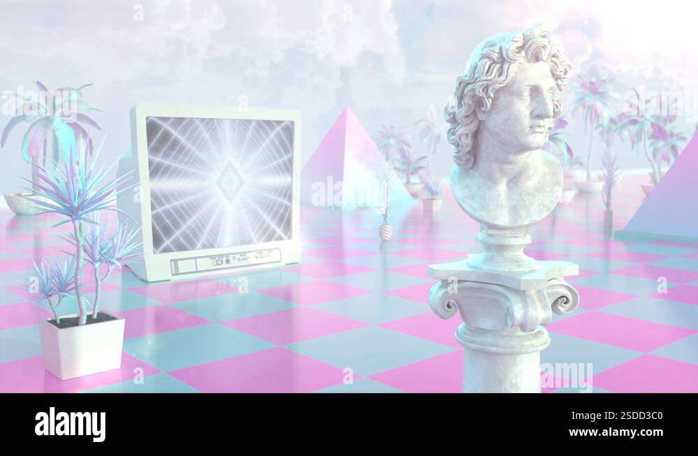 Aesthetic Vaporwave Statue with Retro CRT TV and Mall Palm Plants Stock ...