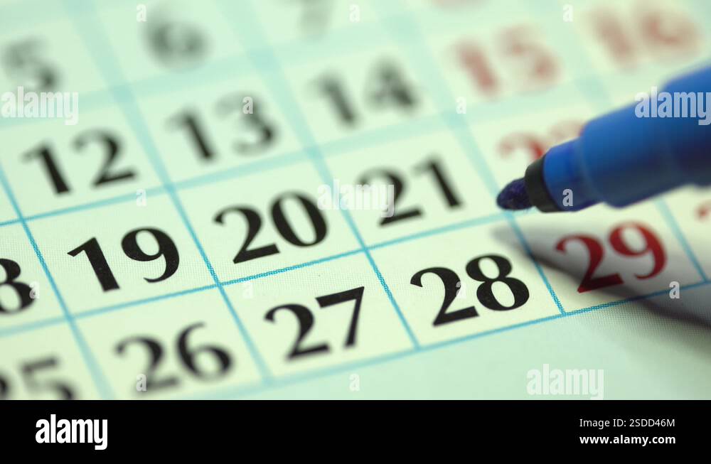 28, 28th. Twenty-eighth day of month. Marking the date in the calendar ...