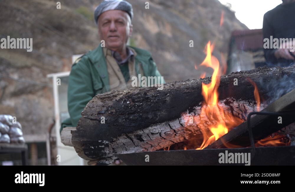 Iraqi Kurdistan, Slow Motion of Old Man With Turban Sitting by Fire an ...