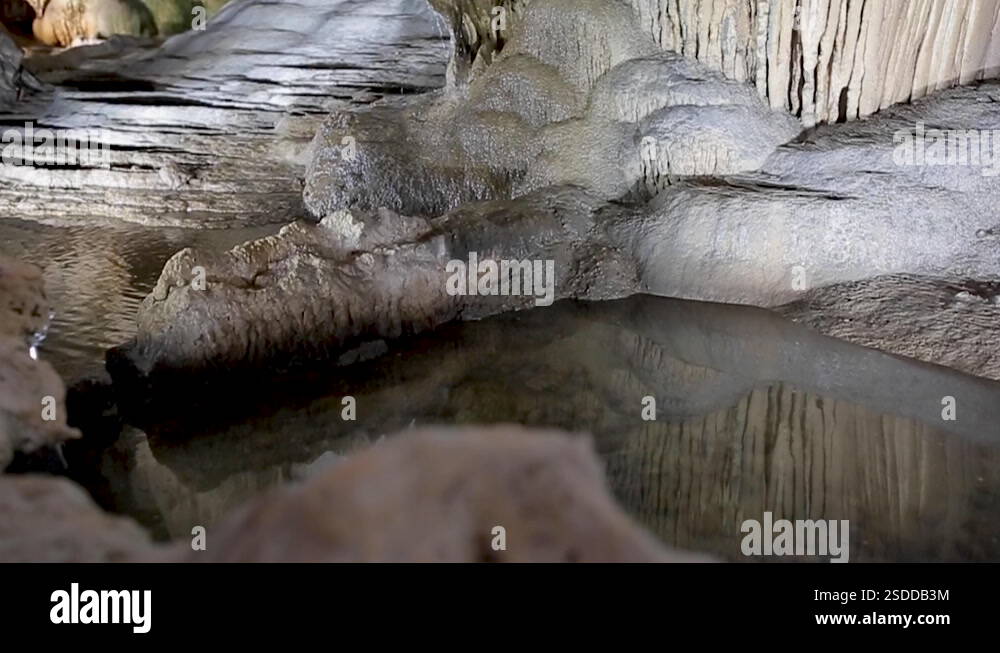 Giant limestone underground cave with pure white stalactites and Stock ...