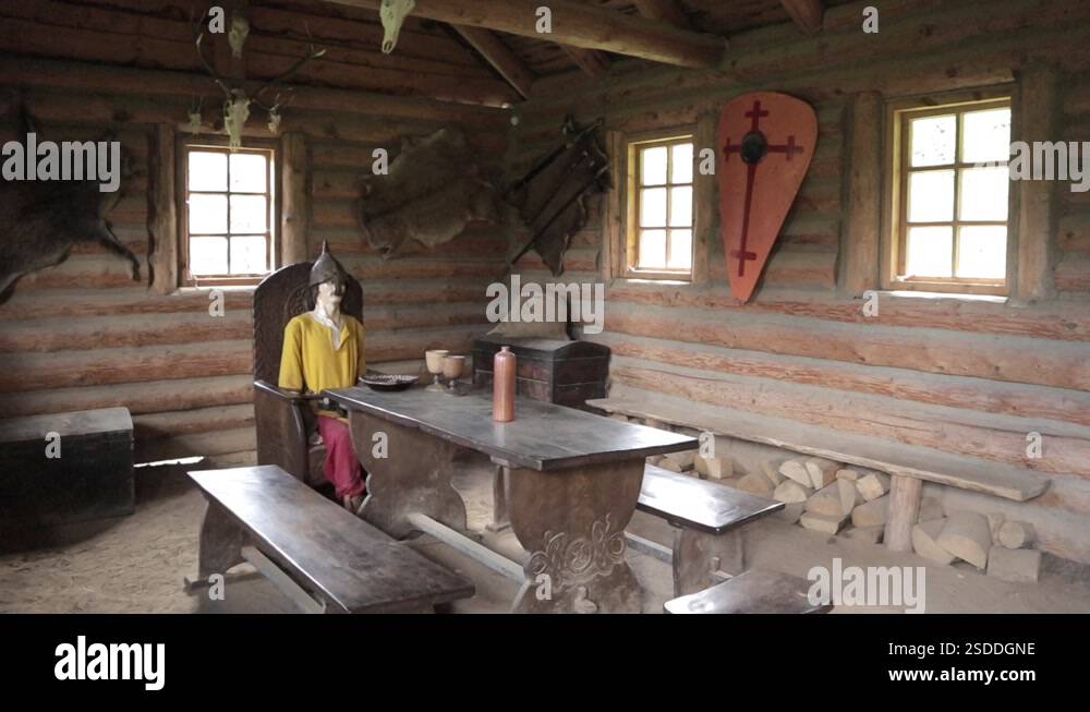 Old wooden hut's interior. The hut built on top of the Birow Mountain ...