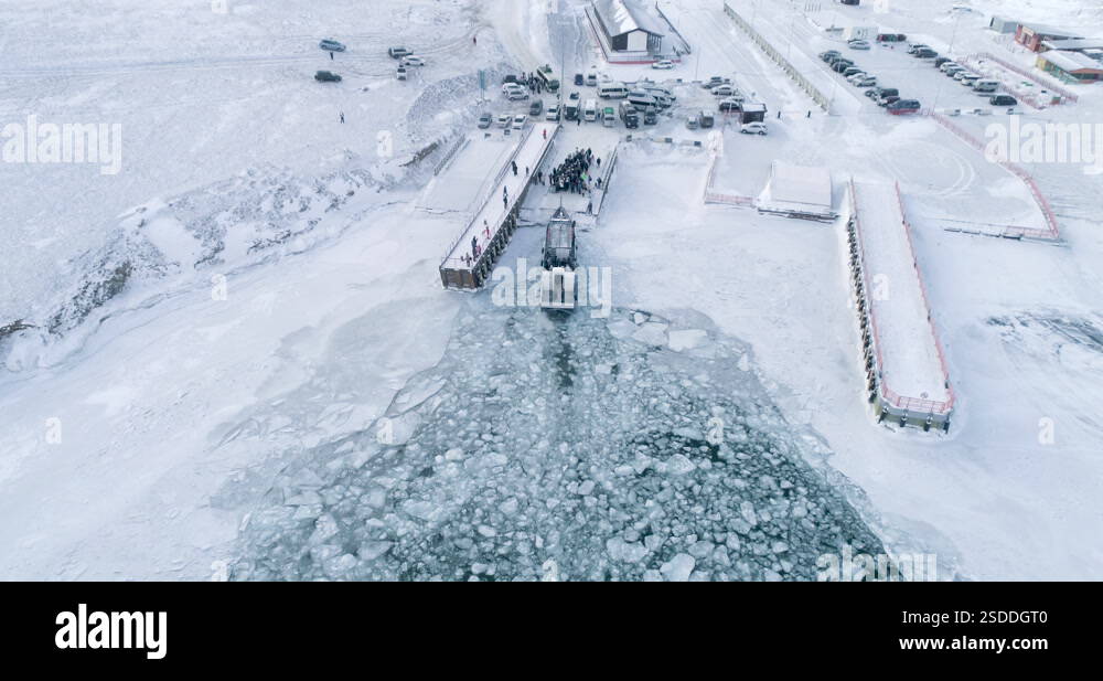 Winter Ferry to Olkhon Island Top View Boat Float on the Surface of a ...