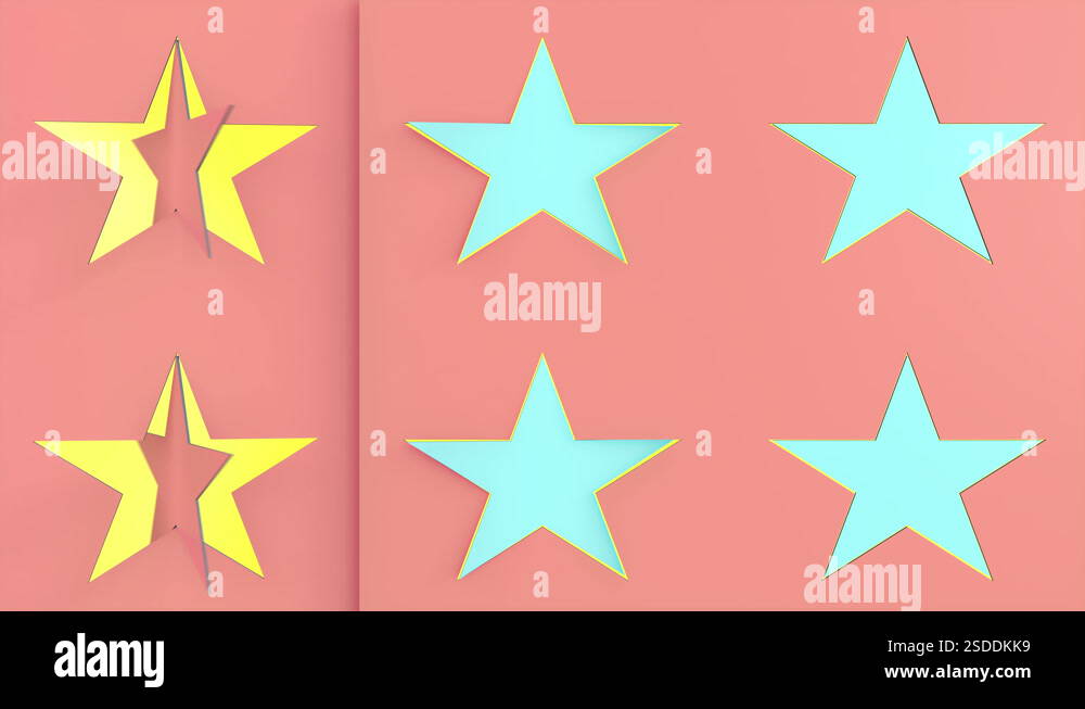 3D animation of moving colorful stars. Stars sign are flipping over ...