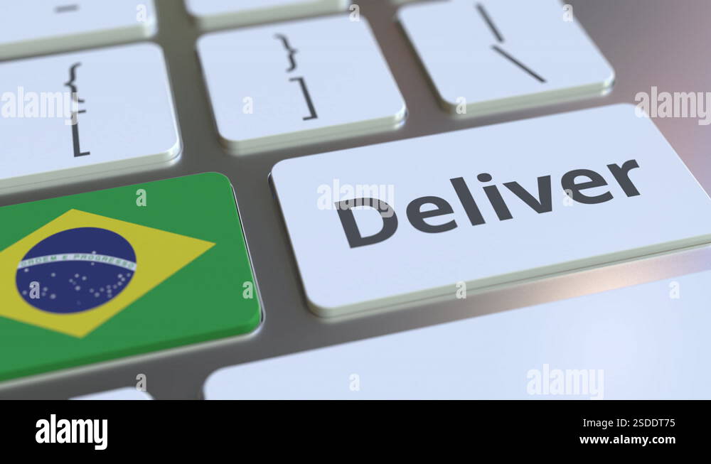 Deliver text and flag of Brazil on the computer keyboard. Logistics ...