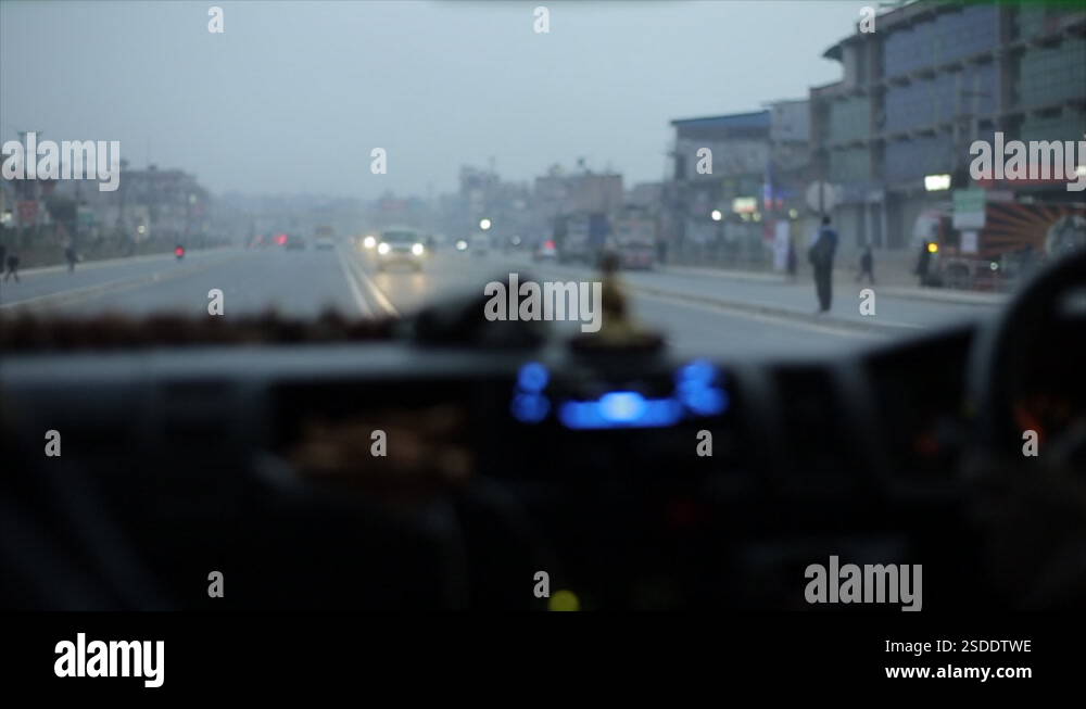 Kathmandu, Nepal - 19 November 2019: A view from a car driving in ...