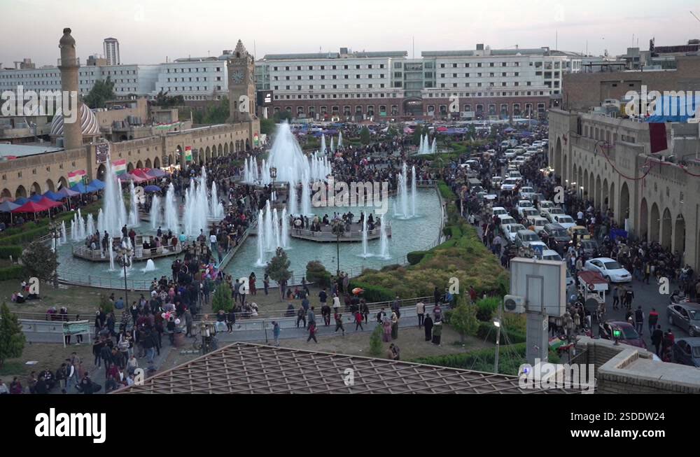 Erbil City Downtown, Fountains and Shops With People Crowd on Sunday ...