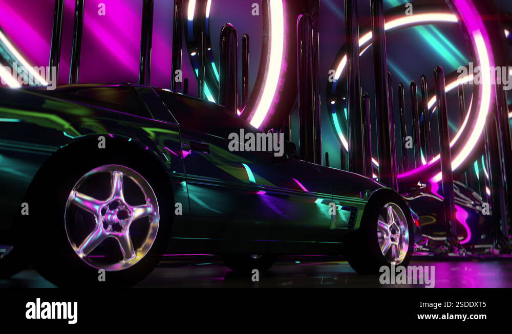 Purple blue color scheme, retro car driving in neon lit tunnel, music ...