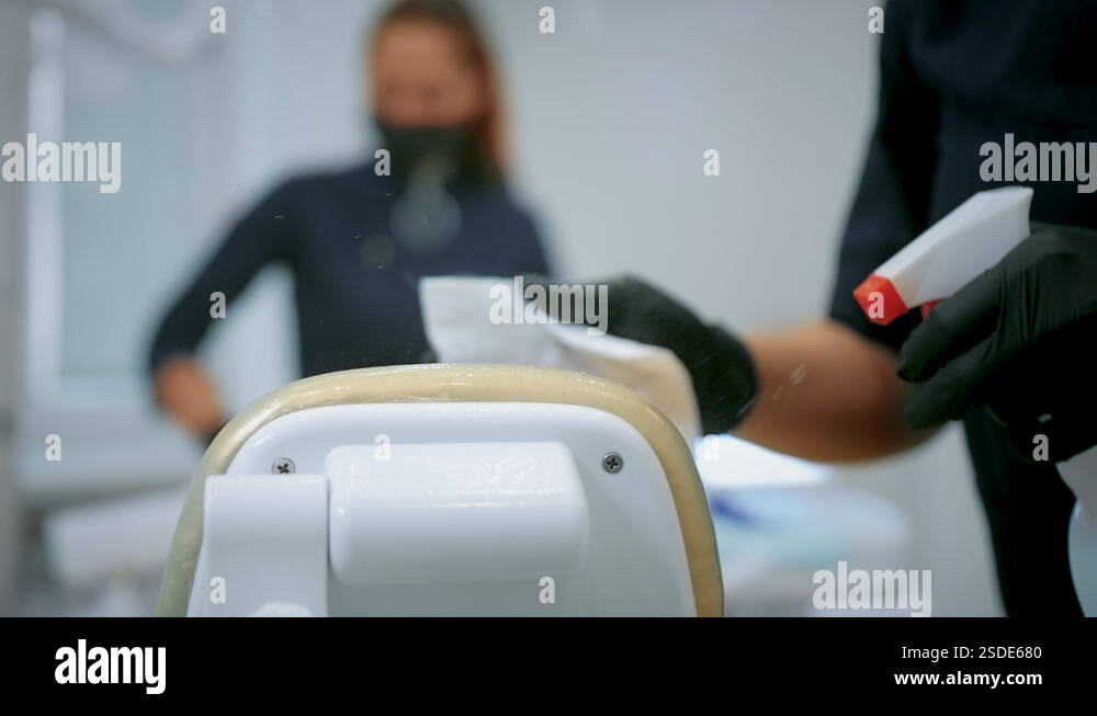 People spray disinfectant on chair make Covid-19 sanitation and ...