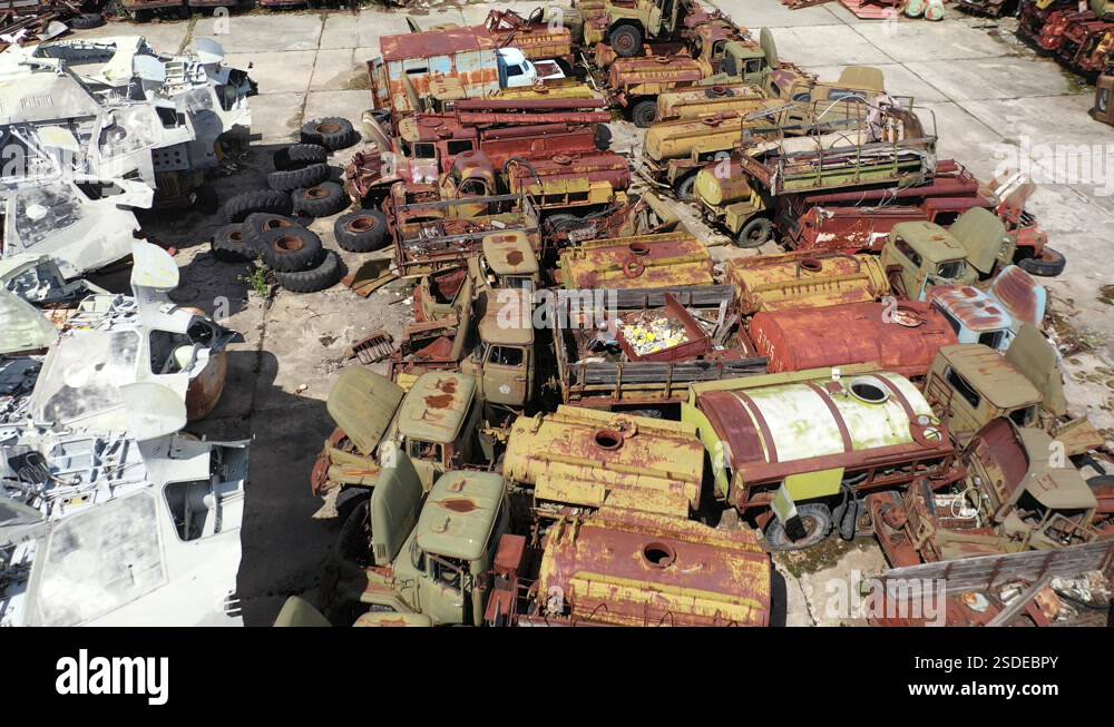 Chernobyl nuclear power plant. Car dump in exclusion zone. Buryakovka ...