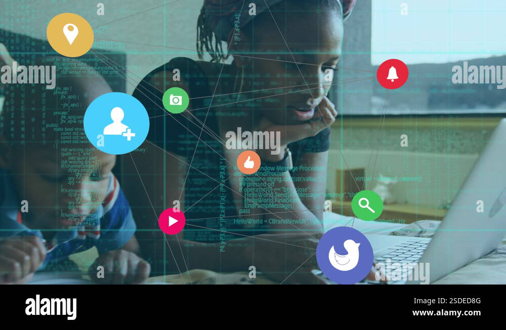 Animation of web connections with social icons and data processing ...