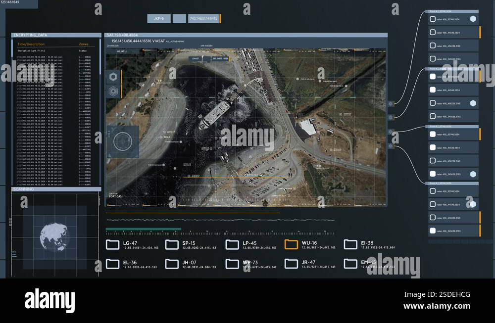Satellite camera scan port on map, modern technology, data screen ...