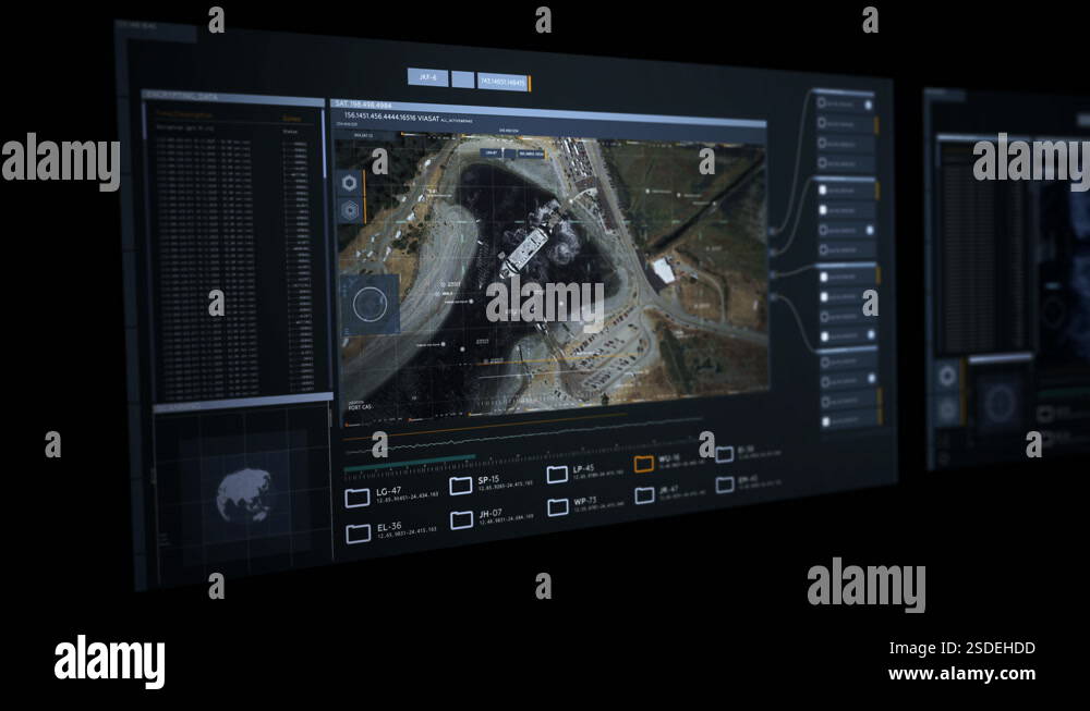 Satellite detects ship at port, map scanning, modern spy technology, ui ...