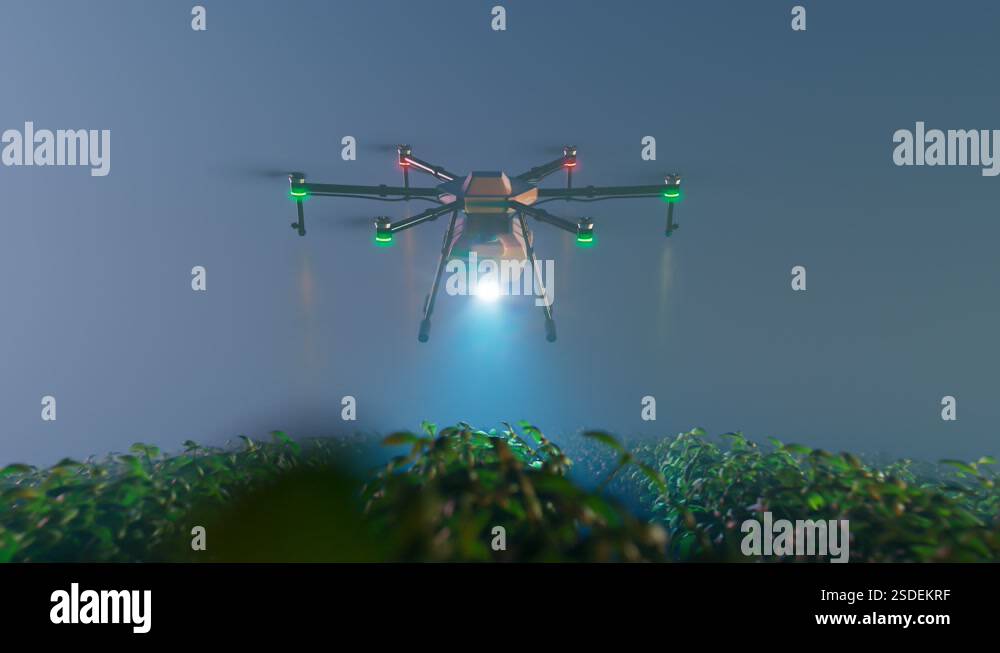Animation with drone spraying health plant products on a plantation at ...