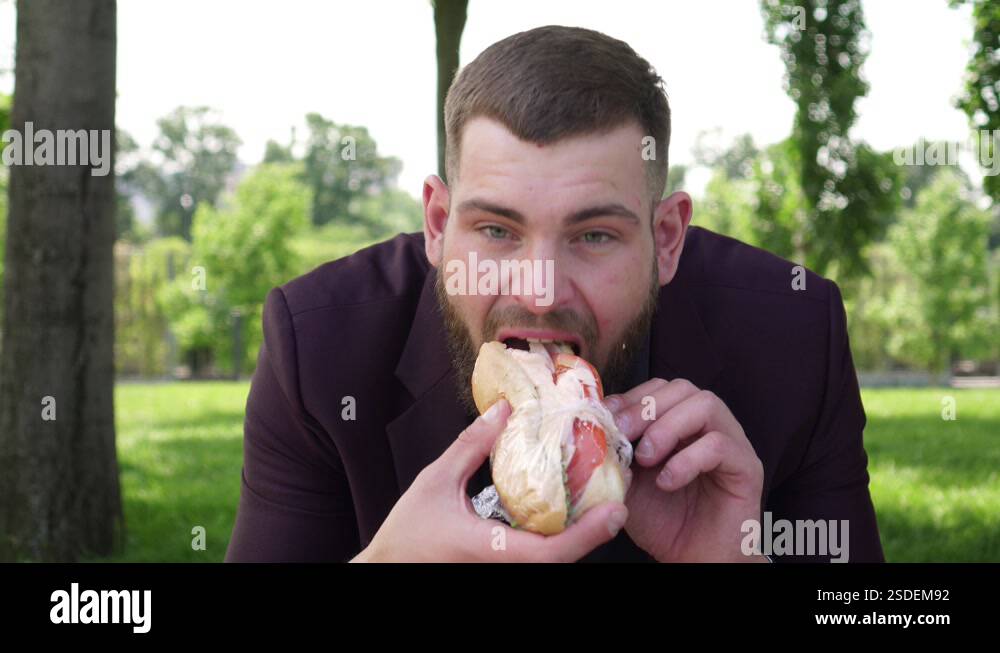 Male businessman or manager eating a sandwich in a park. Man eats junk ...