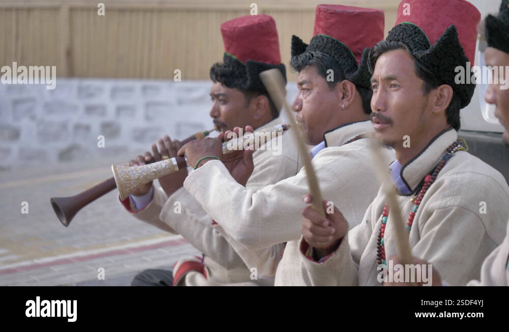 Ladakhi folk musicians men in traditional costumes playing musical ...