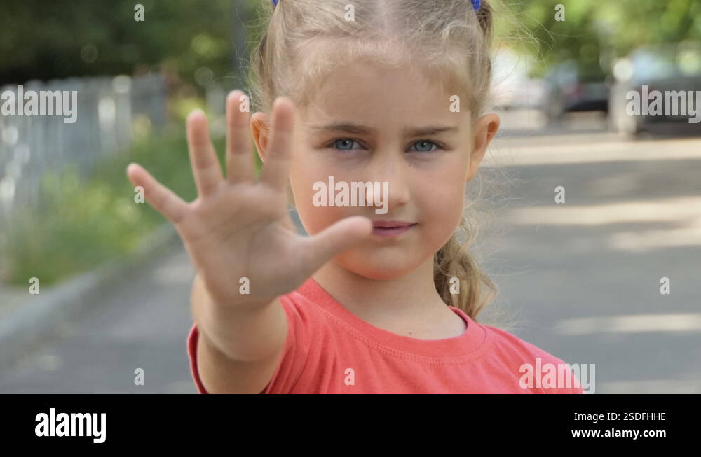 Stop Sign Hand Child Person Portrait. Little Girl Annoyed Making Stop ...