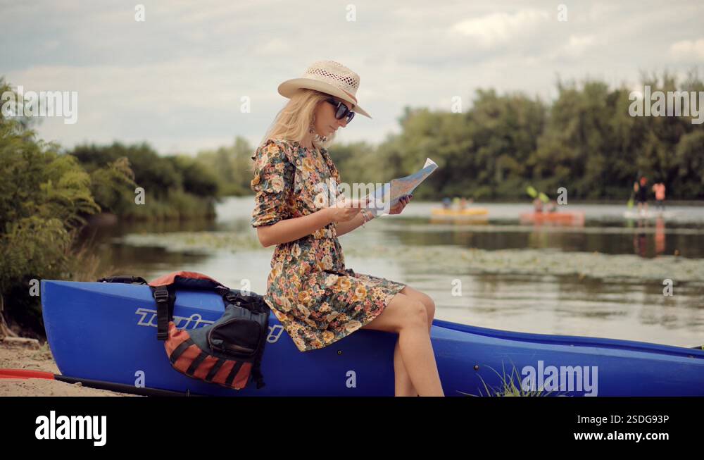 Tourist Sitting On Kayak.Traveler Map Navigate.Tourist Holiday Vacation ...