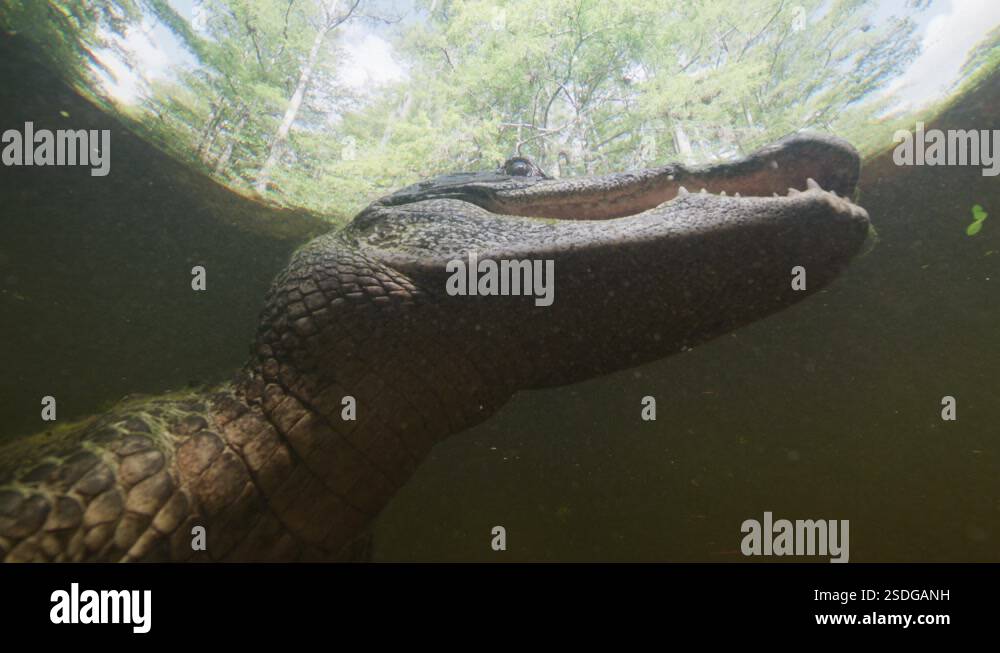 Underwater view of an Alligator hunting on the surface of a river for ...
