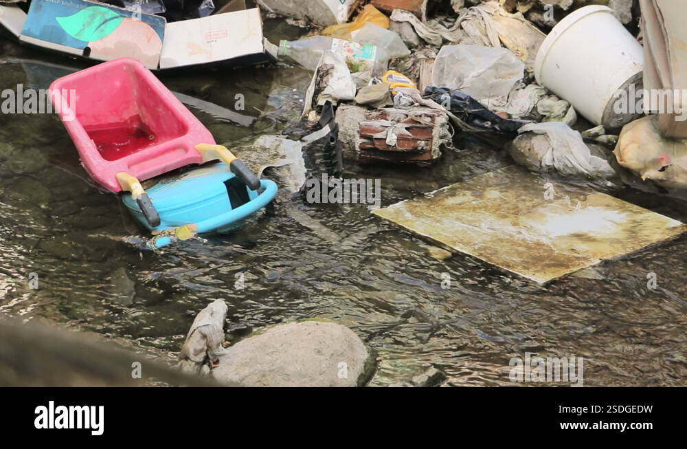 Waste and garbage thrown into the river. Pollution and garbage in the ...