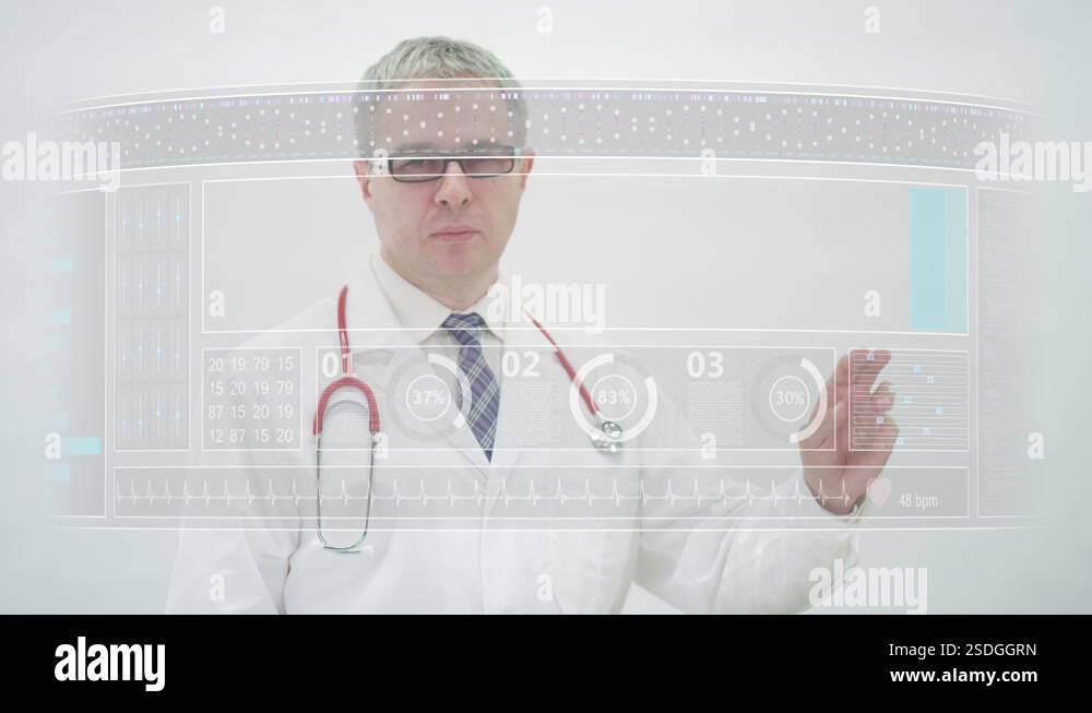 Medical doctor scrolls to 3D PRINTING tab on a touchscreen display ...