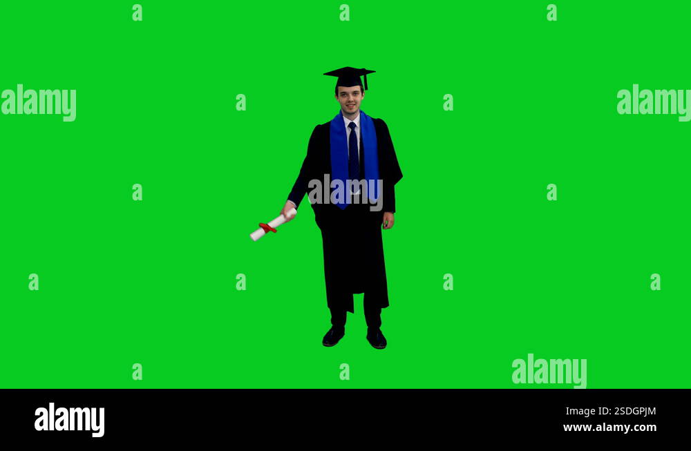 Excited graduate celebrating graduation and waving his diploma, chroma ...