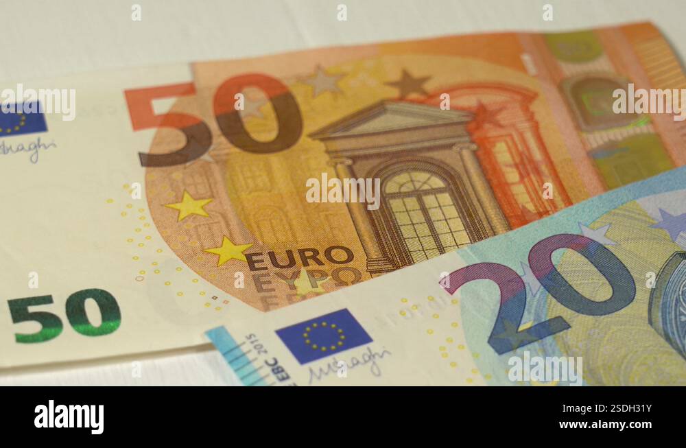 Closeup view 4k video of counting different paper banknotes of Euros ...