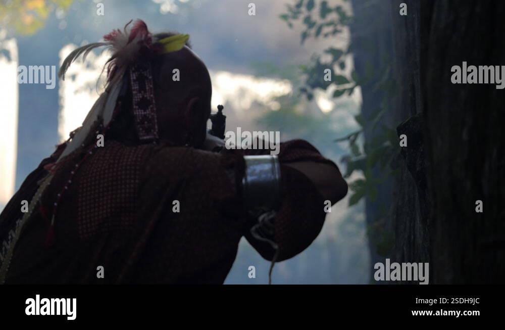 Native American Warrior in 18th C. Wildreness Battle with musket ...