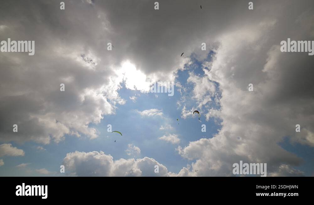 Paragliders fly in the sky on a parachute. Active hobby. Skydiving ...