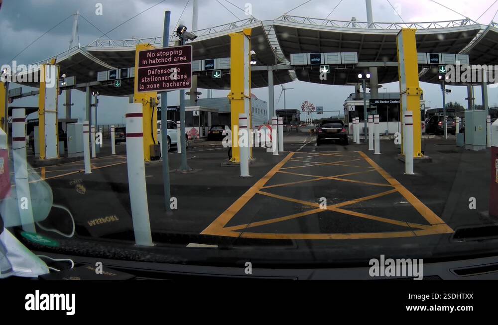 Driver's view point of UK Border Control checkpoint at Eurotunnel ...