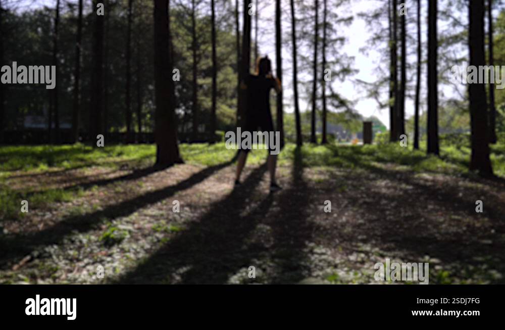 Woman boxing, striking a series of jumping kicks in the park at dawn ...