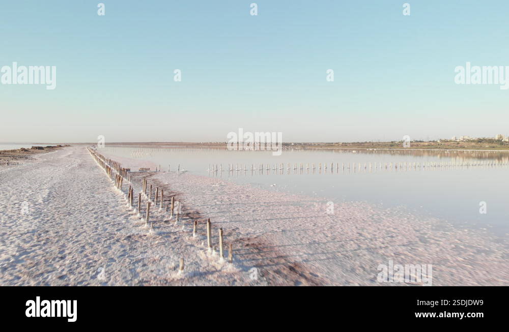 Salt coastline with old wooden posts on Kuyalnik estuary. Crystallized ...