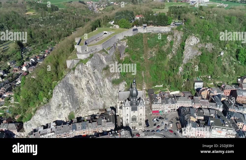 Aerial view of cathedral and fortress in Dinant is a Walloon city 4k ...