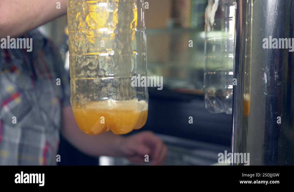 draft beer of different varieties is poured from taps into plastic ...