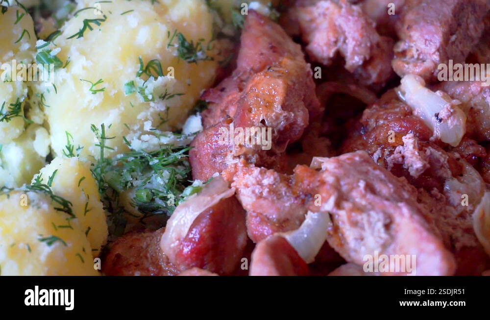 food background. rustic boiled potatoes and fried meat. close-up Stock ...