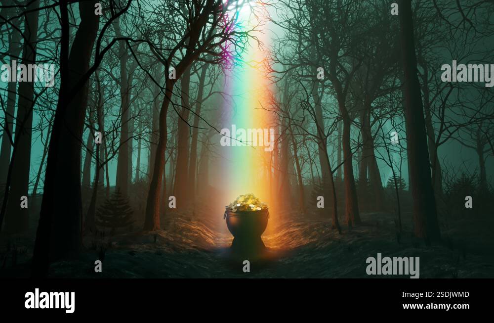 The pot of gold at the end of the rainbow. Leprechaun's treasure in the ...