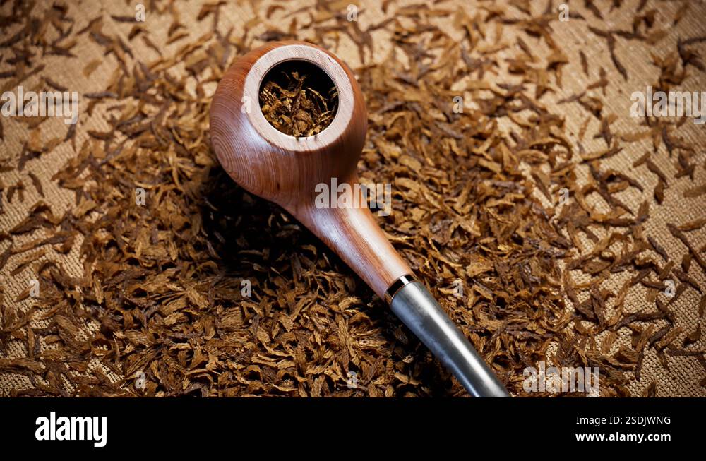 Old fashioned tobacco pipe.Elegant pipe on fabric in the middle of ...
