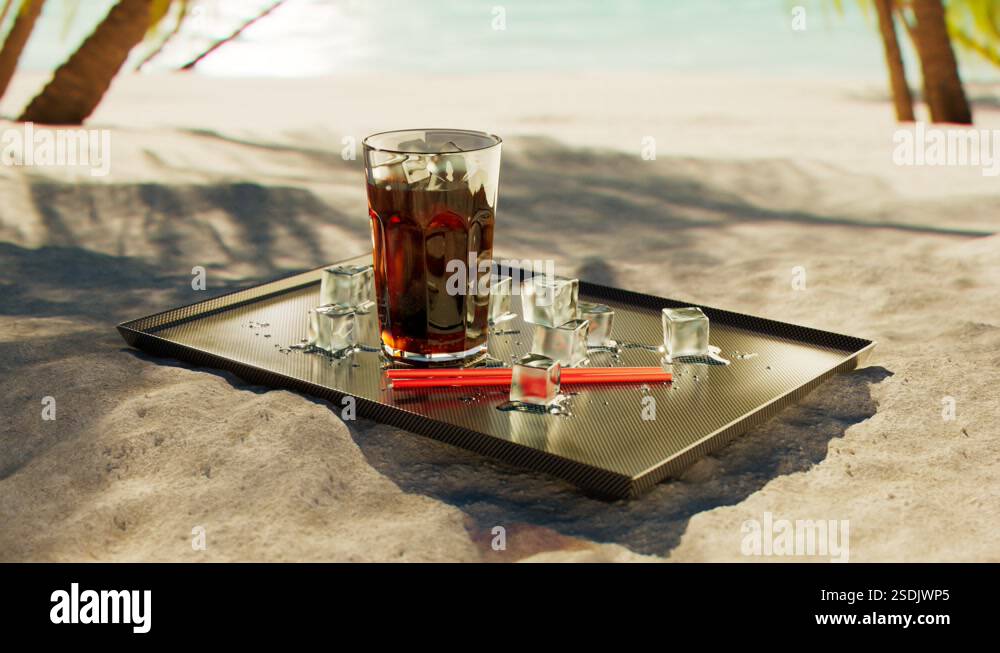 A nice glass of ice-cold cola. Drink at the beach cocktail bar. Soda on ...