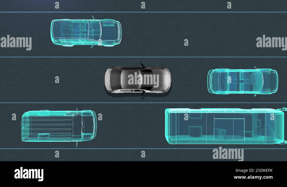 Autonomous battery car recognize surrounding cars with radar, Top view ...